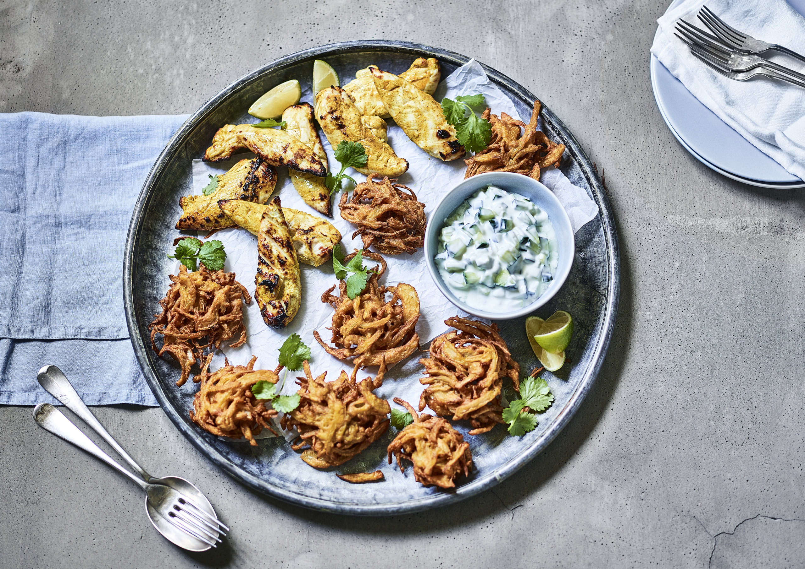 Onion Bhaji & Chicken Goujon Platter with Raita - LoSalt Spain